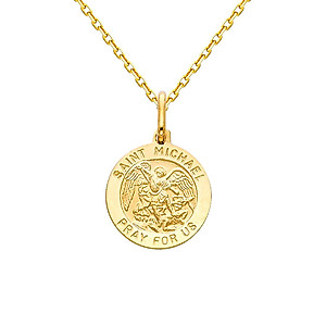The World Jewelry Center 14k REAL Yellow Gold Religious Saint Michael Medal Pendant with 1.2mm Cable Chain Necklace - 20"