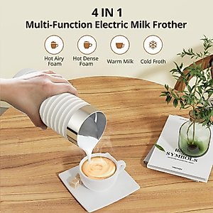 Milk Frother, 4 in 1 Electric Milk Steamer, Automatic Hot and Cold Foam Maker, Auto Shut-Off Frother for Coffee, Latte, Cappuccino (White)