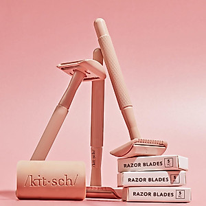 Kitsch Double Edge Safety Razor Kit for Women & Men, Long Metal Handle & Stainless Steel Single Blade, Razors for Women with 5 Double Edge Razor Blades Refills, Travel Reusable Razor for Shaving, 1 Pc