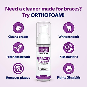 EverSmile OrthoFoam Braces Cleaner — Brushable Foam Whitens Teeth, Eliminates Bacteria, Fights Plaque and Bad Breath – Cleans Under Metal, Ceramic, Clear Brackets and Wires – 50ml