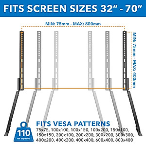 Mount-It! Tabletop TV Stand Base with Tilt Function, Universal TV Base Replacement with Height Adjustment, TV Legs Fits Most 32 to 70 inch Flat Screen TVs, VESA up to 800 by 400mm, 110 Lbs Capacity