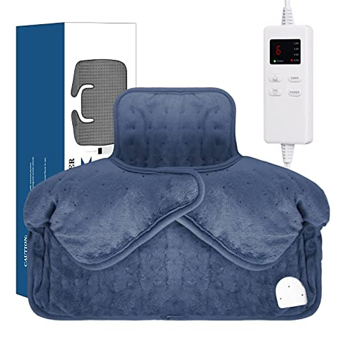 Bofypoo Weighted Heating Pad Neck and Shoulder Heating Wrap - 2.3lbs, 6 Heat Settings with LED Controller, 4 Auto Shut-Off, Machine Washable, Gifts for Women Men Mom Dad,17”X22”, Blue