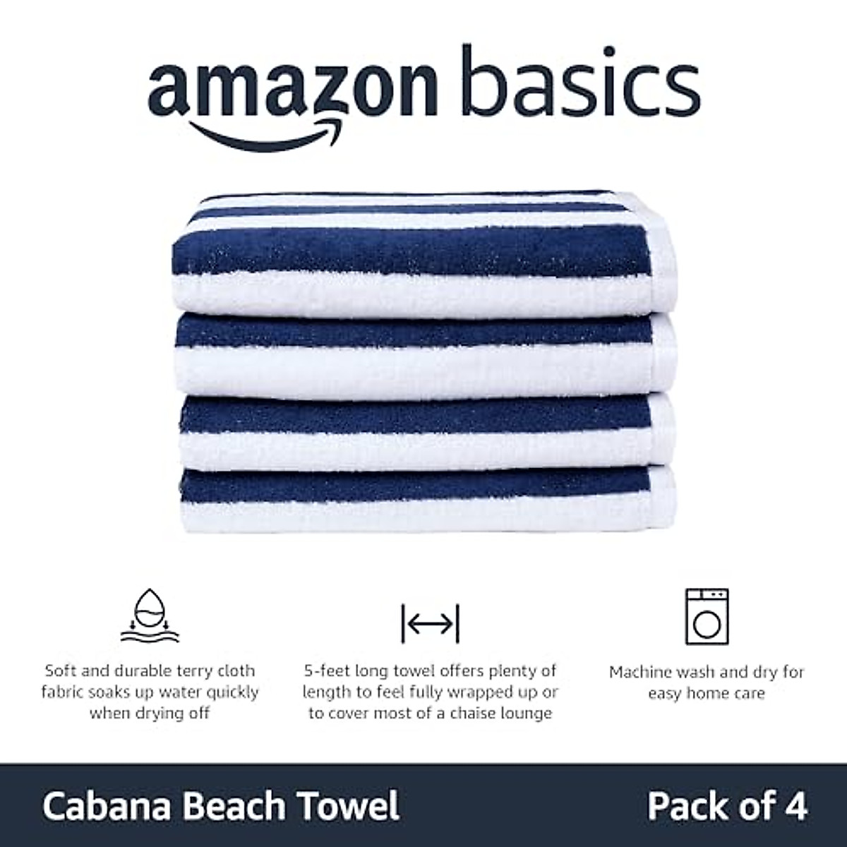 Amazon Basics Cabana Stripe Beach Towel, Pack of 4, Navy Blue, 30 in x 60 in