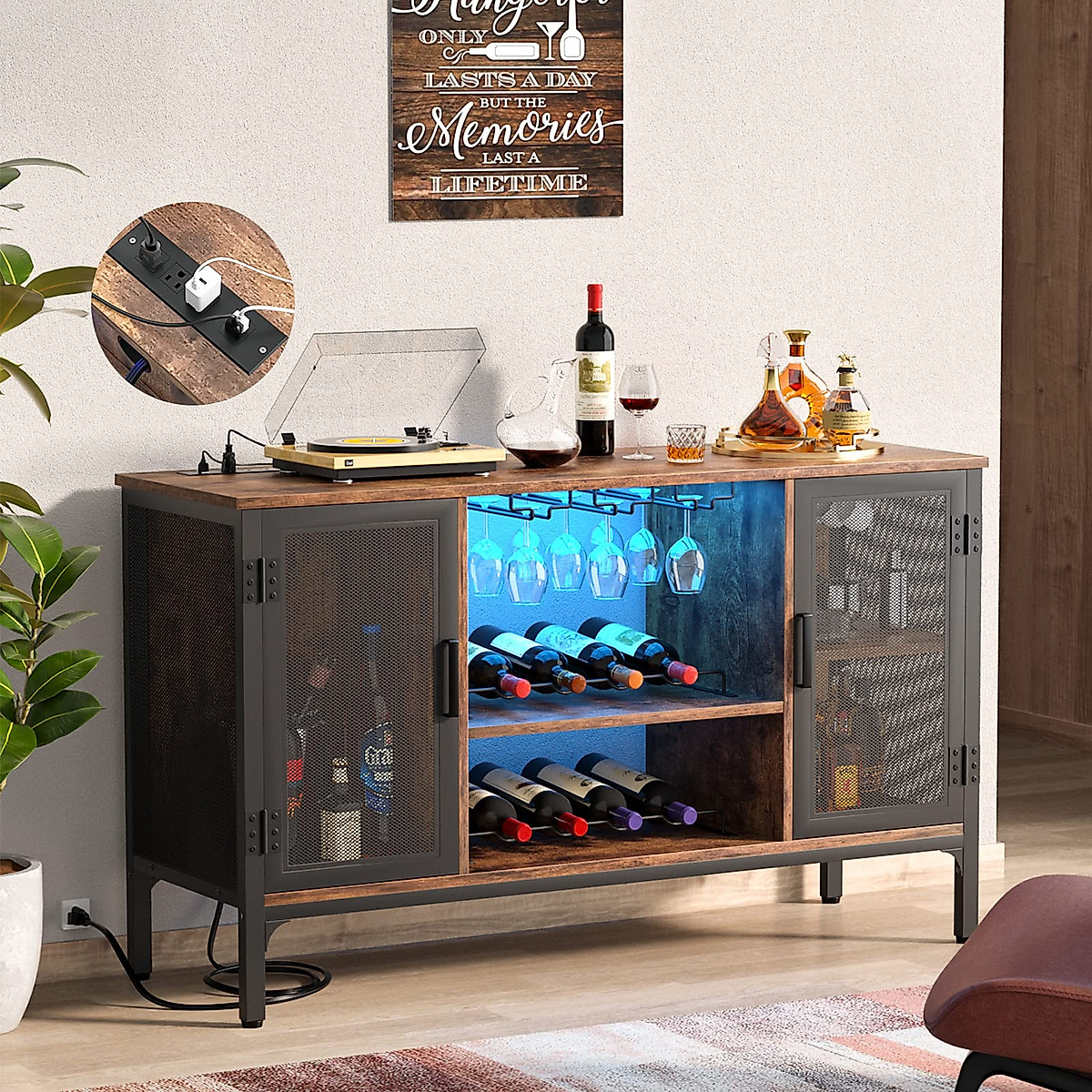 Homieasy Wine Bar Cabinet with Led Lights and Power Outlets, Industrial Coffee Bar Cabinet for Liquor and Glasses, Farmhouse Bar Cabinet with Removable Wine Racks, Rustic Brown