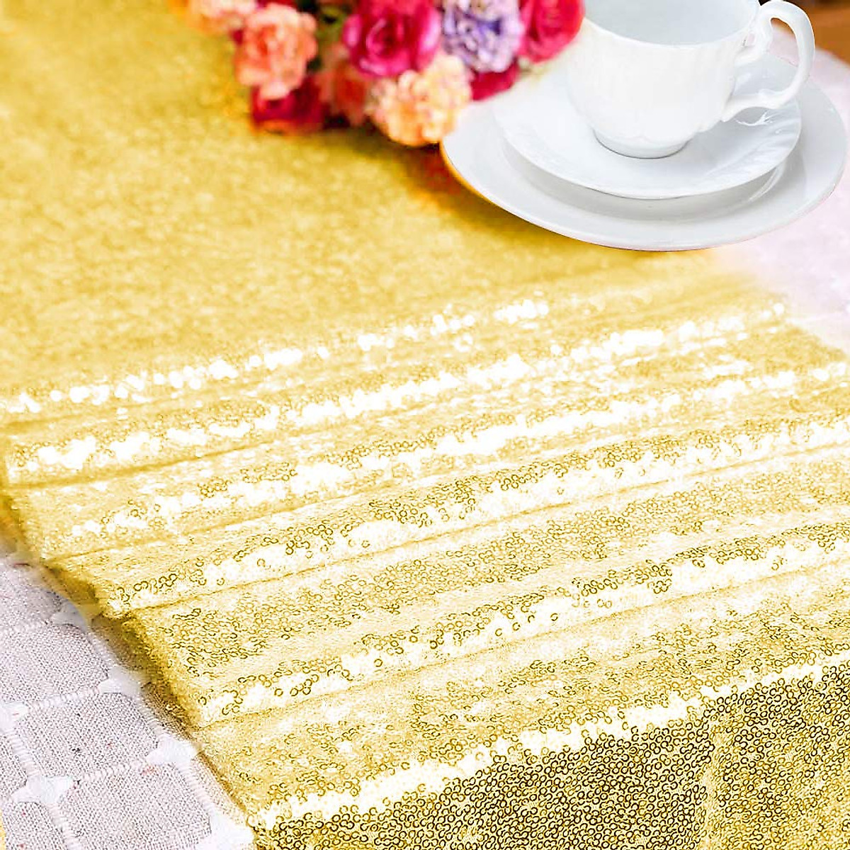 FECEDY 2packs 12 x 108inch Glitter Gold Sequin Table Runner for Birthday Wedding Engagement Bridal Shower Baby Shower Bachelorette Holiday Celebration Party Decorations