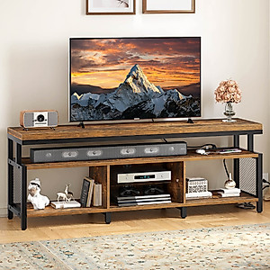 YITAHOME LED Television Stands w/Power Outlets for 70/65 inch, Modern Industrial TV Stand, Entertainment Center w/Open Storage, Entertainment Center for 360lbs for Living Room, Retro Brown