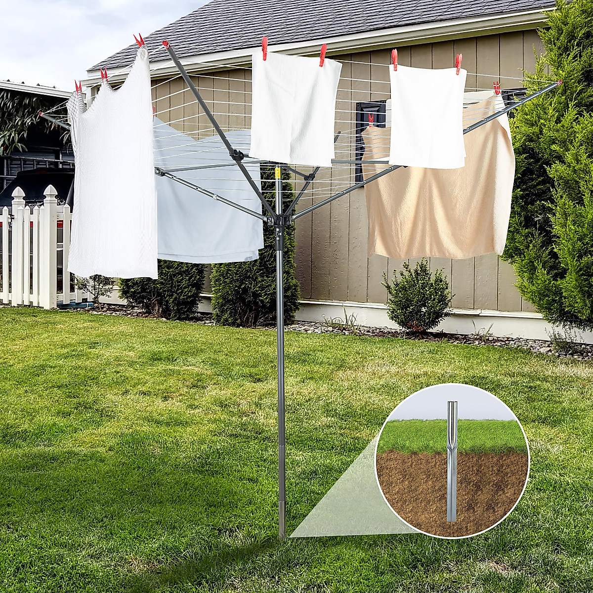 STO STO Umbrella Clothesline for Laundry, 4-Arm 12 Lines with 164 Feet Drying Space, Steel Frame, Adjustable Height, Outdoor Umbrella Rotary Drying Rack, Collapsible Clothes Drying Rack for Backyard