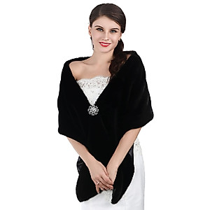 GORAIS Women's Wedding Faux Fur Shawls and Wraps Long Bridal Fur Scarf Stoles with Brooch for Bride and Bridesmaids (Black)