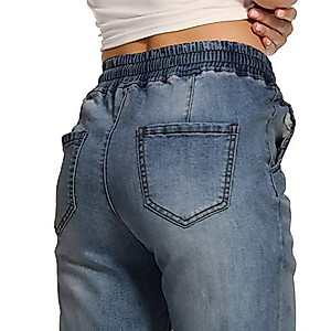 V VOCNI Women's Joggers Denim Sport Fit Drawstring Waist Side Pockets Casual Jeans Dark Blue X-Large