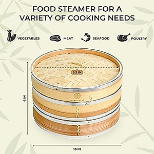Noble Nest Deluxe Bamboo Steamer Basket 10-inch | 2-Tier Vegetable Steamer for Cooking | Dumpling Maker | Food Steamer Pot | Veggie Steamer | 2-Pairs of Chopsticks, Sauce Dish & 50 Perforated Liners