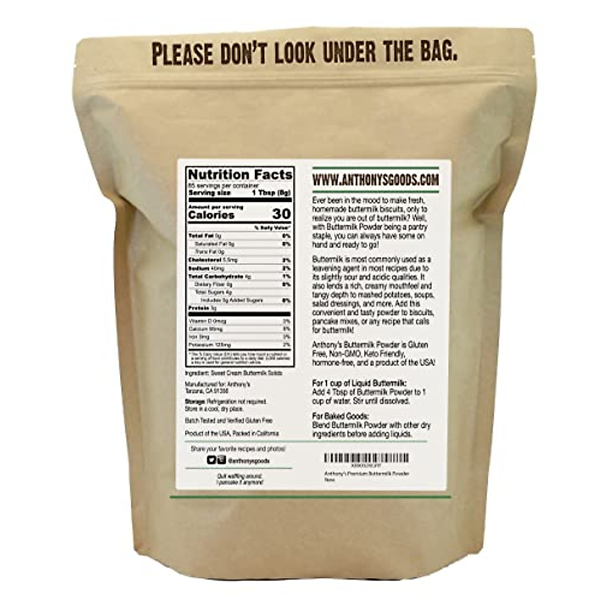 Anthony's Premium Buttermilk Powder, 1.5 lb, Gluten Free, Non GMO, Made in USA, Keto Friendly, Hormone Free