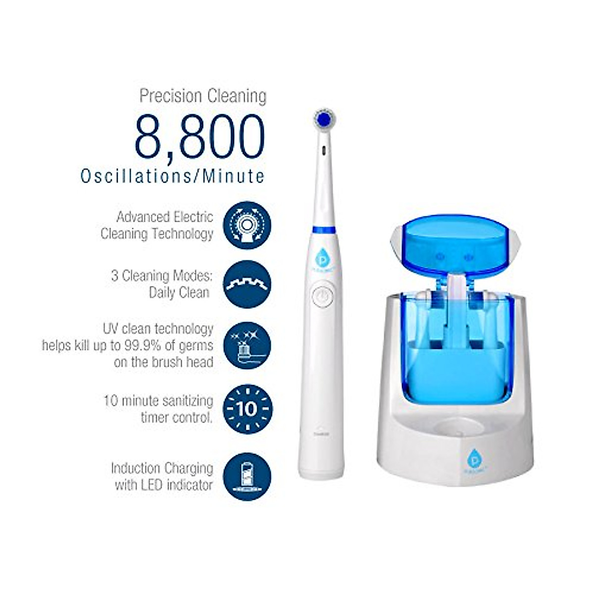 Pursonic RET200 Power Rechargeable Electric Toothbrush With UV Sanitizing Function, 12 Brush Heads Included