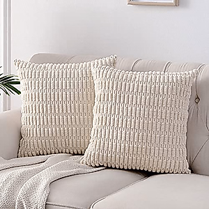 Fancy Homi 2 Packs Boho Decorative Throw Pillow Covers 18x18 Inch for Living Room Couch Bed Sofa, Rustic Modern Farmhouse Home Decor, Soft Corduroy Cream Square Cushion Case 45x45 cm