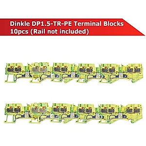 Dinkle Din Rail Ground Terminal Blocks 10pcs DP1.5-TR-PE, 300V, 26-14AWG, 4 Connection, Push-in Connector, Green Yellow, Single Level, Push-in Terminal Block, Grounding Terminal Block, Rail mounting