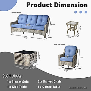ovios 5 Piece Outdoor Patio Furniture with 3 Seat Sofa,Rattan Wicker Coversation Set with Swivel Rocking Chair,Balcony Sofa Set with Shiny Table for Outside Porch Backyard Pool,Blue