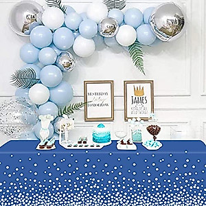 54" x 108" 8 Pack Navy Blue and Silver Tablecloth, Silver Navy Blue Table Cover, Plastic Confetti Tablecovers Rectangle Tables, Birthday Wedding Anniversary Party Supplies (8)