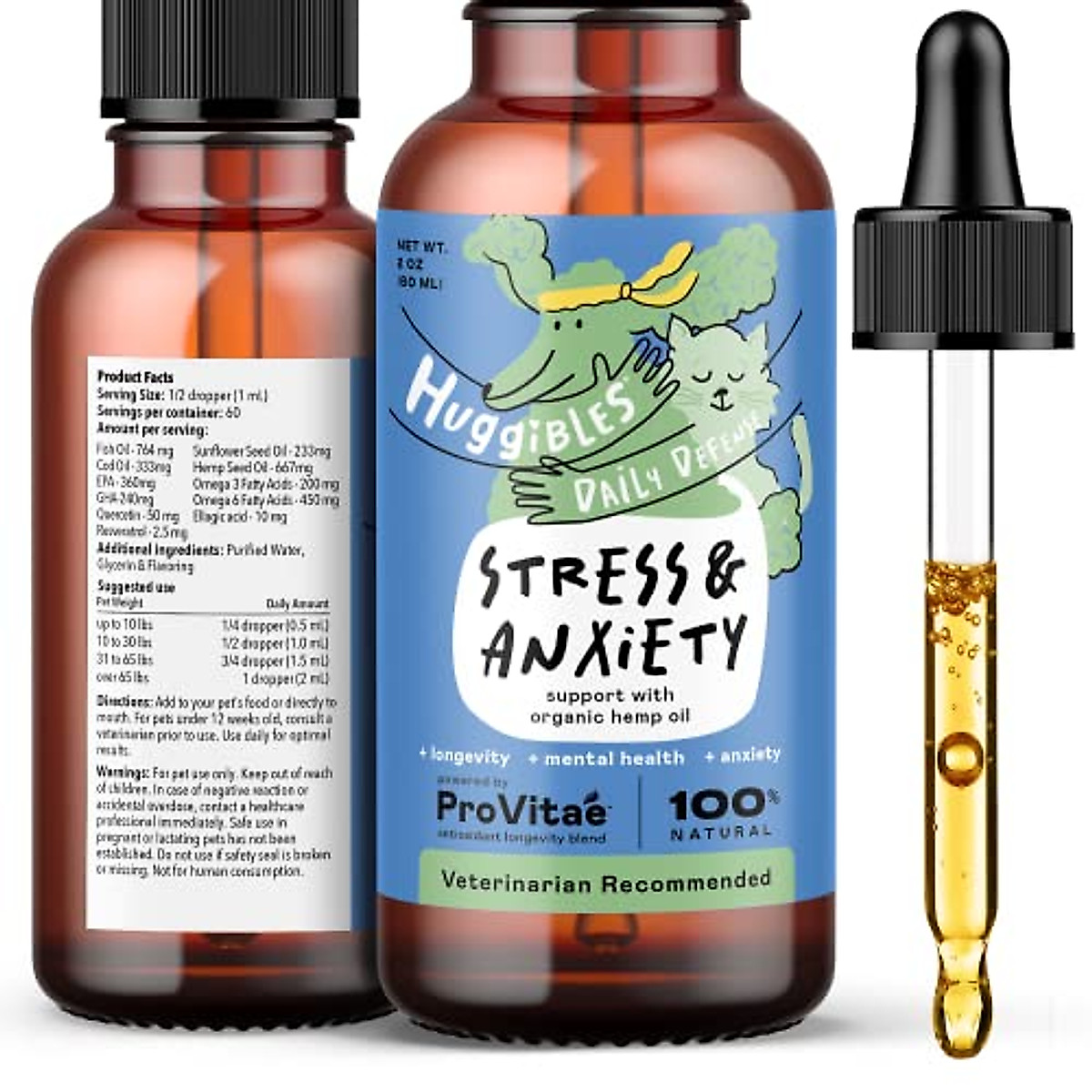 HUGGIBLES Stress & Anxiety Support Liquid Supplement for Dogs & Cats – with Hemp Seed Oil, EPA & DHA – Daily Calming Relief for Pets – Naturally Helps Anxiety & Stress – Antioxidants for Longevity