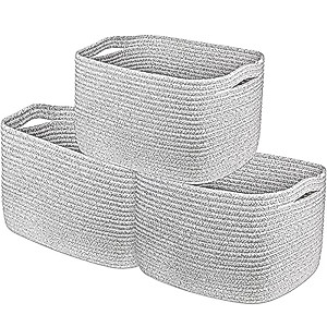 Desihum 3 Pack Cotton Rope Basket for Organizing, Woven Storage Basket with Handle, Decorative Baby Nursery Blanket Baskets Living Room Bin for Kids Clothes, Toys, Books, Fruit, Towel, 15×10 × 9 inch