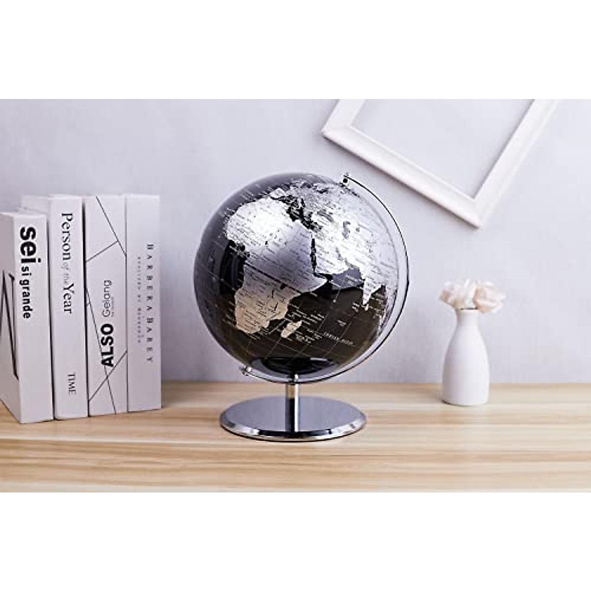 ANNOVA Metallic World Globe Black – Educational/Geographic/Modern Desktop Decoration - Stainless Steel Arc and Base/Earth World - Metallic Black - for School, Home, and Office (10-Inch)