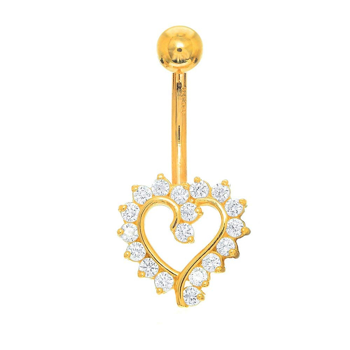 14k Solid Gold Yellow Belly Open Heart CZ Navel Ring Body Jewelry, 1.7gr.