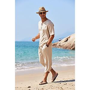 COOFANDY Men's 2 Pieces Linen Set Henley Shirt Short Sleeve and Harem Capri Pants Wide Leg Baggy Beach Yoga Trousers Outfits