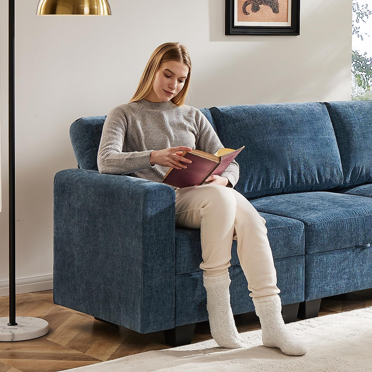 ABCASA 38.5 Oversized Accent Chair with Storage Blue Chenille, Single Modern Accent Sofa Chair with Arms for Apartment Living Room (21" Deep Seat)