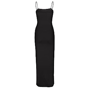 PRIMODA Women's Spaghetti Strap Backless Thigh-high Slit Bodycon Maxi Long Dress Club Party Dress(Black S)