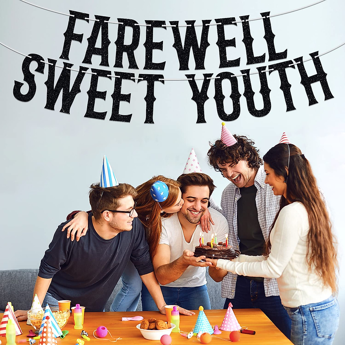 Farewell Sweeet Youth Banner, Funeral Birthday Bunting Sign for 20/30/40/50 Years Old, Death to My Youth Funny Birthday Party Decoration Supplies