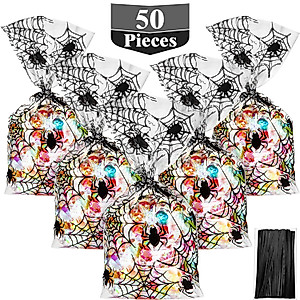 HESTYA 50 Counts 15 x 25 cm Halloween Cellophane Treat Bags Pumpkin Halloween Clear Sweet Candy Bags with 300 Pieces Twist Ties for Halloween Christmas Party Favor