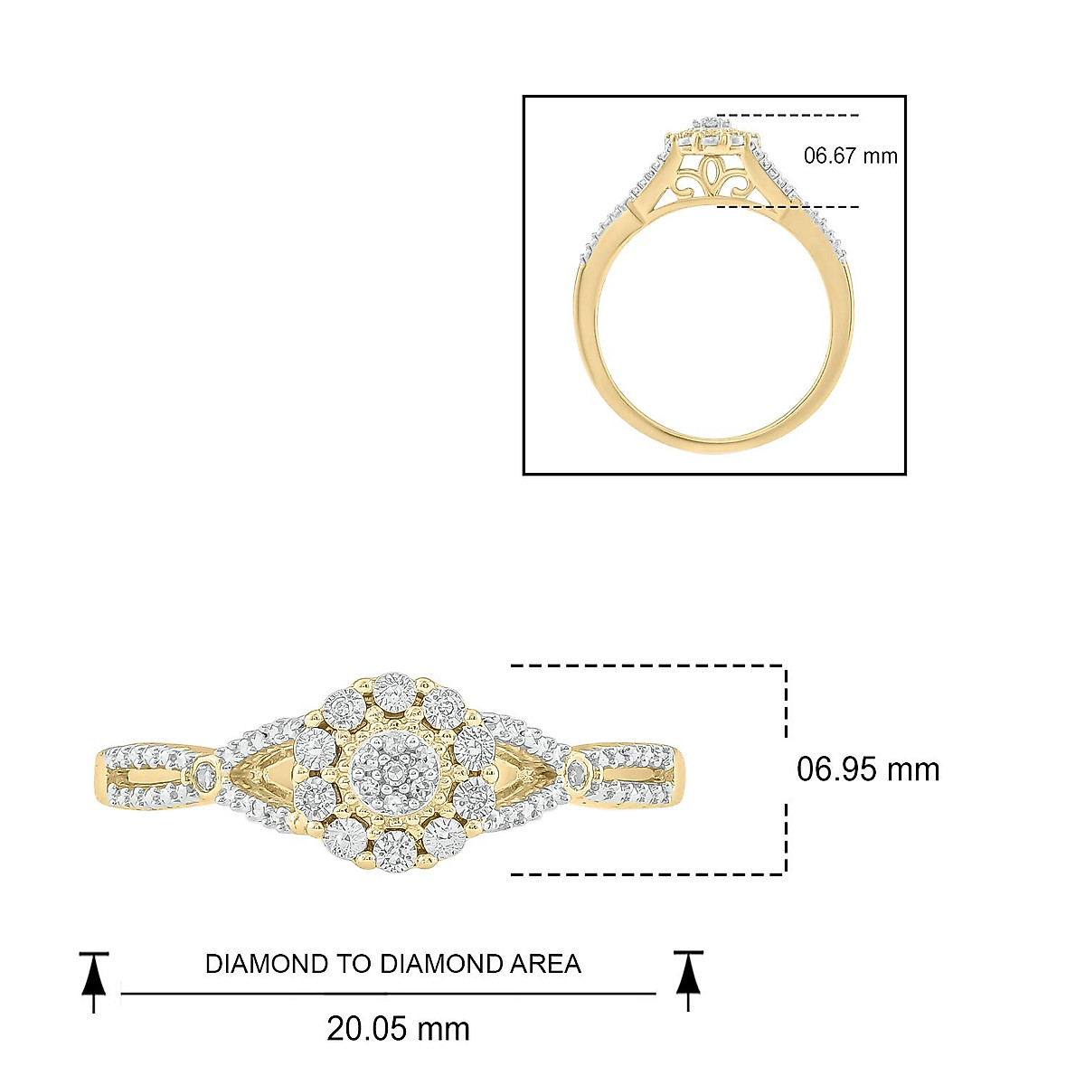 Cali Trove, 1/20cttw Diamond Cluster Promise Ring for Women in 925 Sterling Silver, Women's Diamond Floral Engagement Ring with Round White Diamond Halo in Yellow Gold-Plated, Rose Gold-Plated or