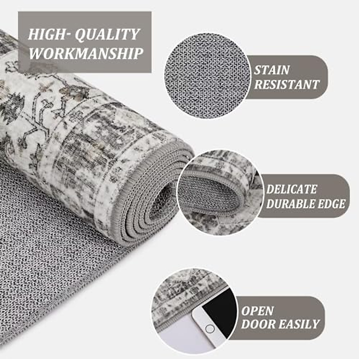 GlowSol Grey 9' x 12' Area Rug, Washable, Non-Slip, Vintage, Bohemian, Low Pile, Machine Made, Polyester, Dining Room