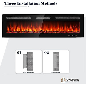 oneinmil Electric Fireplace, 60 inch Wide Recessed and Wall Mounted Electric Fireplace, 750W/1500W, 12 Color Flame, Remote Control, Log Set & Crystal