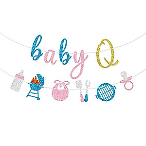 BBQ Baby Shower Glitter Banner Baby Q Party Decorations for Boy Girl Gender Reveal Sign Barbecue Supplies