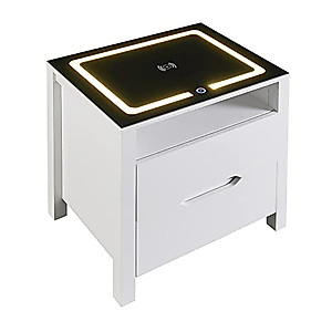 Modern Nightstands with Wireless Charging and Adjustable LED, Wooden End Side Table with 2 Storage Drawers and Open Shelf, Bedside Table for Bedroom Living Room Office, White
