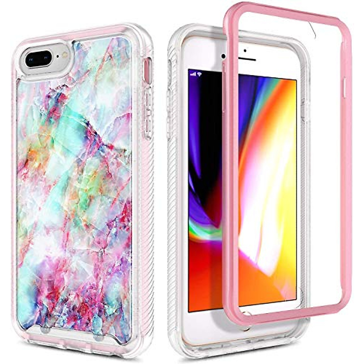 E-Began iPhone 8 Plus Case, iPhone 7 Plus Case, iPhone 6 Plus/6s Plus Case with [Built-in Screen Protector], Full Body Shockproof Protective Matte Bumper Cover, Marble Design Durable Case -Fantasy