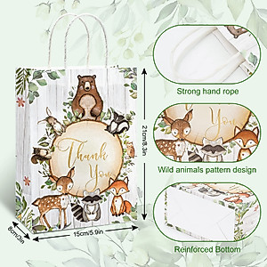 AnyDesign 24 Pack Woodland Thank You Gift Paper Bags with Handles Bulk 4 Design Woodland Baby Shower Party Favor Bags for Birthday Wedding Baby Shower Party Supplies Decoration, 5.9 x 8.3 x 3.1 Inch