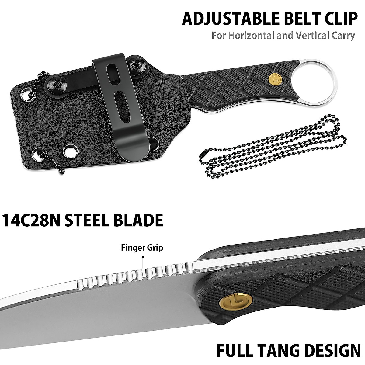 LOTHAR BEAVER Small Fixed Blade Knife, 2.48" 14C28N Neck Knife, Full Tang EDC Knife with G10 Handle and Kydex Sheath, Vertical Horizontal Carry Knife with Adjustable Belt Clip, Knife Necklace for Men Women