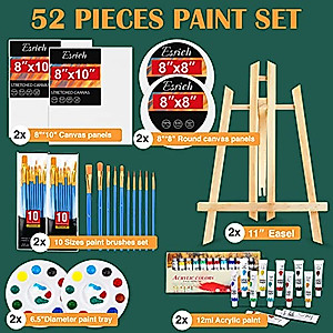 ESRICH Acrylic Paint Canvas Set,52 Piece Professional Painting Supplies Kit with 2 Wood Easel,2 * 12Colors,2 * 10 Brushes,Circular Canvas Etc,Premium Paint Kit for Kids,Students, Artists and Beginner