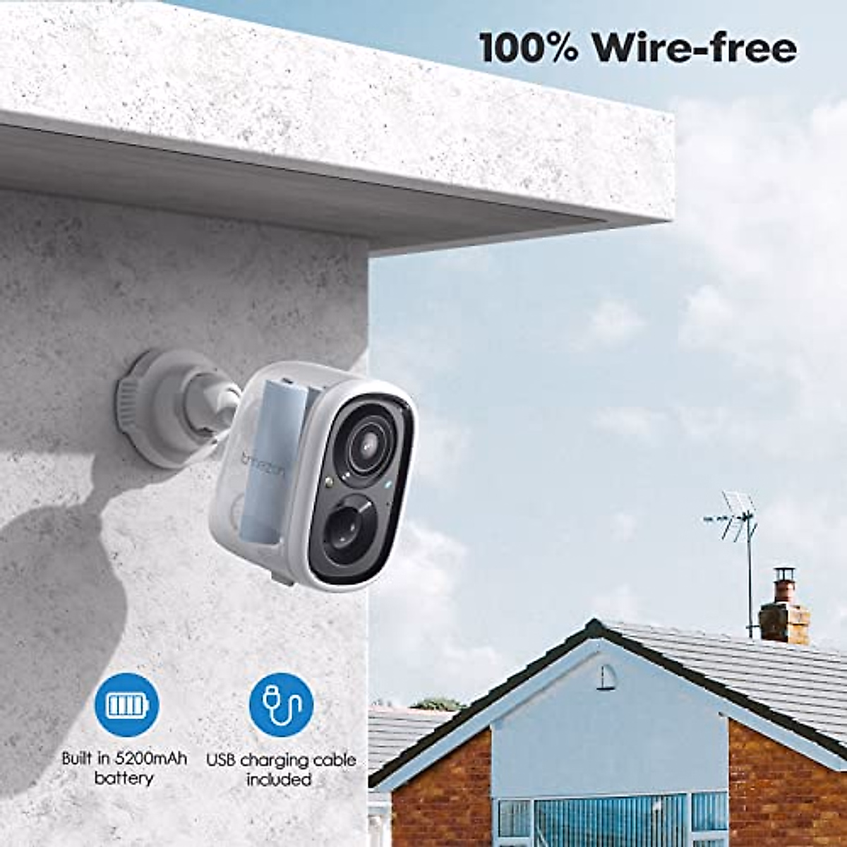 TMEZON Wireless Security Camera Outdoor WiFi Battery Rechargeable Powered 2K Camera for Home Surveillance Night Vision with AI Motion Detection, 2 Way Audio, Waterproof, SD/Cloud