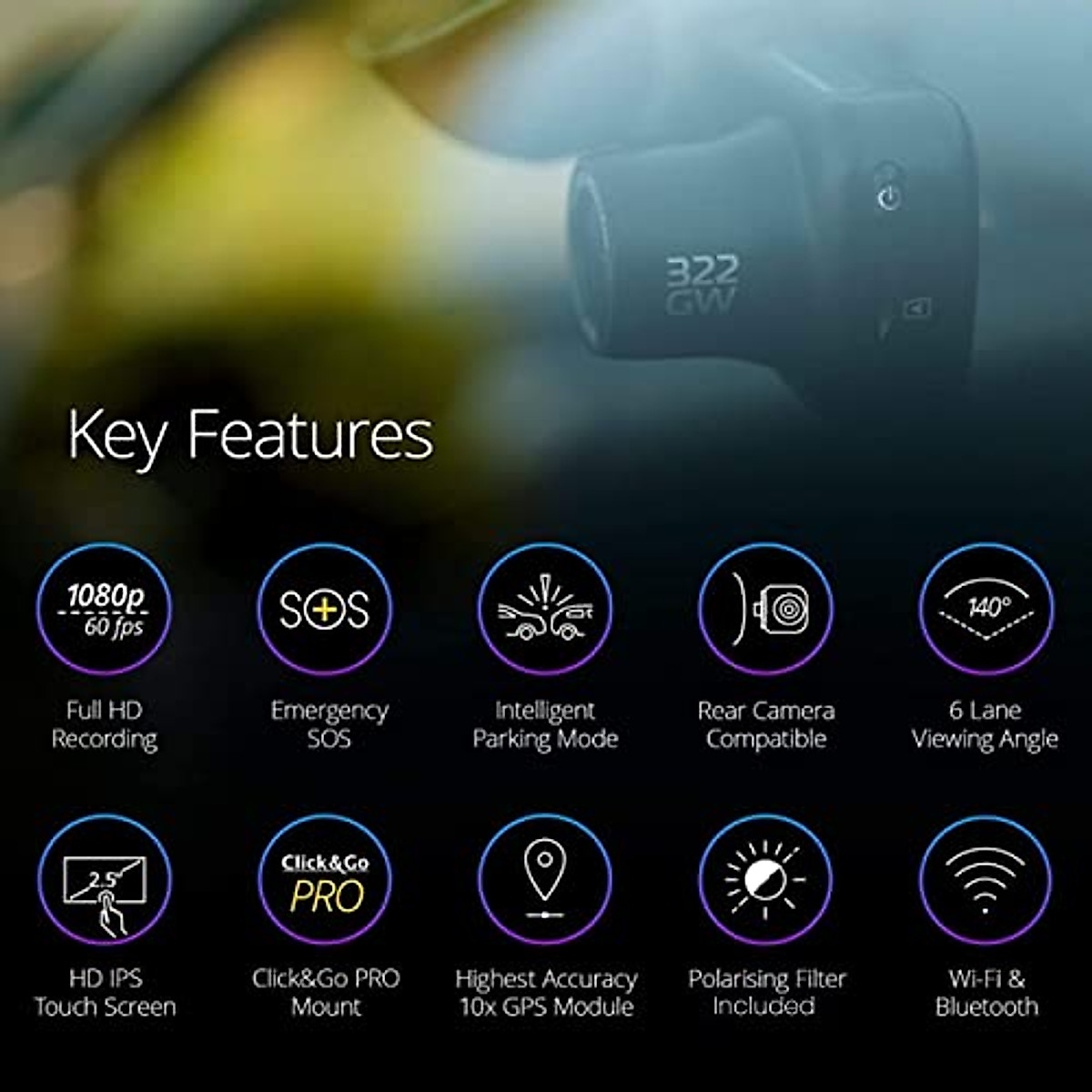 Nextbase 322GW Dash Cam and 32G Micro SD Card Bundle - Full 1080p/60fps HD Recording in Car Camera- 6 Lane Wide Front View- Wi-fi GPS Bluetooth- Parking Mode- Night Vision- Loop Records