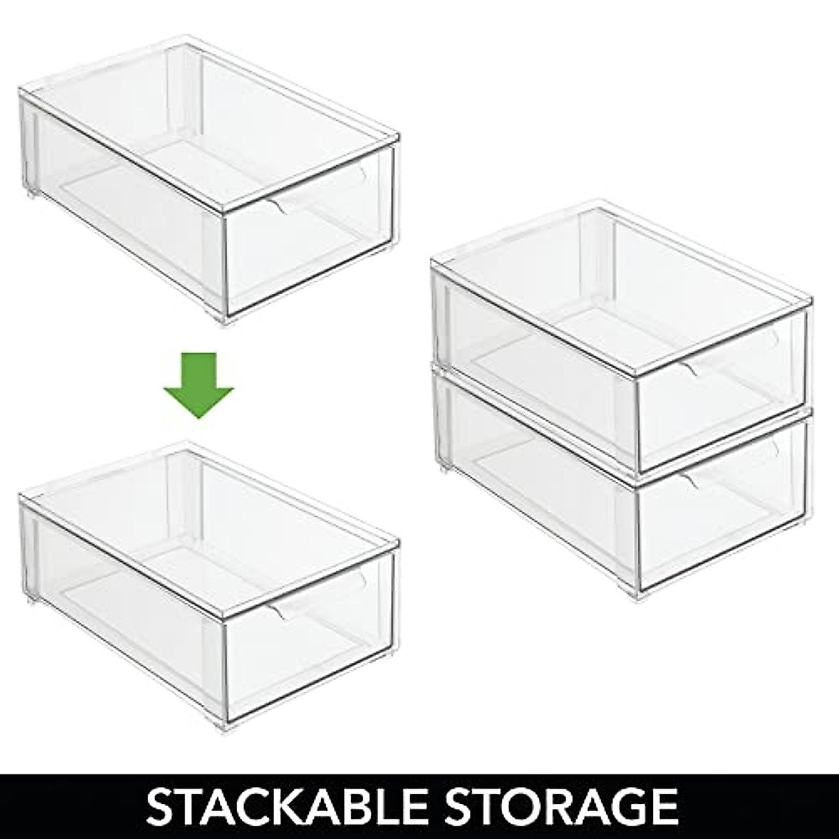 mDesign Plastic Stackable Bathroom Storage Organizer Bin with Pull Out Drawer for Cabinet, Vanity, Shelf, Cupboard, Cabinet, or Closet Organization - Lumiere Collection - 2 Pack - (Clear, 8 x 12 x 4)