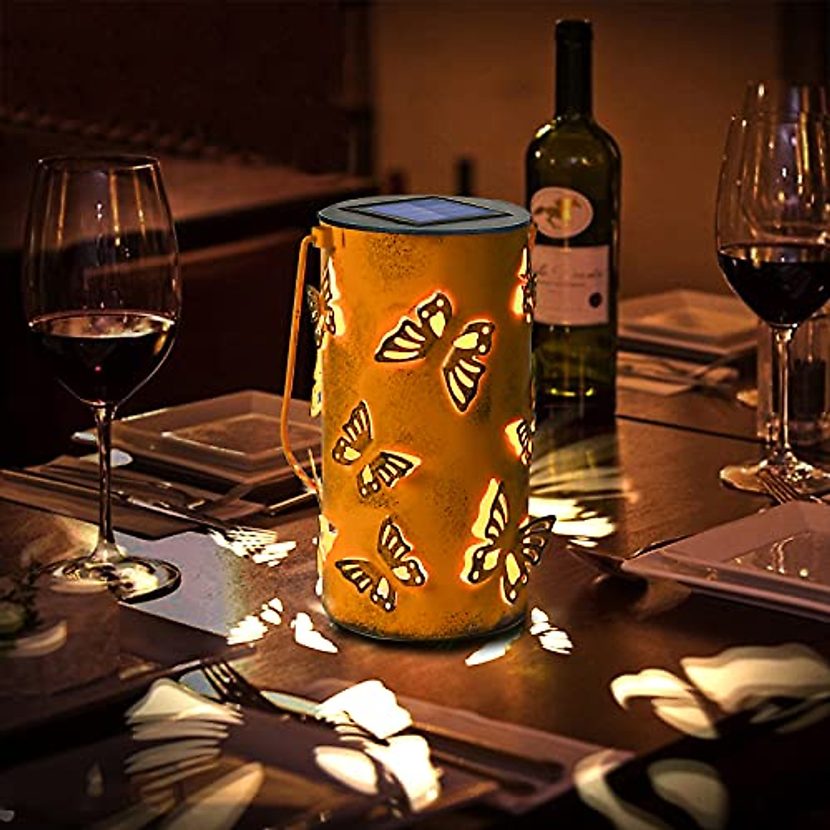 Greenidea 2 Pack Hanging Solar Lanterns Retro Solar Lights with Handle, Outdoor Solar Garden Lights Decor with Butterfly Pattern for Yard Tree Lawn Fence Patio-Yellow