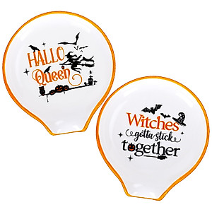 Whaline 2Pcs Halloween Witch Coffee Spoon Rest Hocus Pocus Pumpkin Bat Ceramic Teaspoon Holder Spooky Sauce Dishes Dipping Bowl Ring Dish for Halloween Teacher Gift Kitchen Office Bar Coffee Stirrers