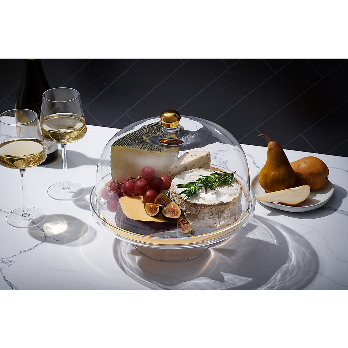 Glass - Cake Dome - with - Gold Rim - and - Gold Knob - for Cake - Fruit - Cheese - 11.75" Diameter - Made in Europe - by Barski