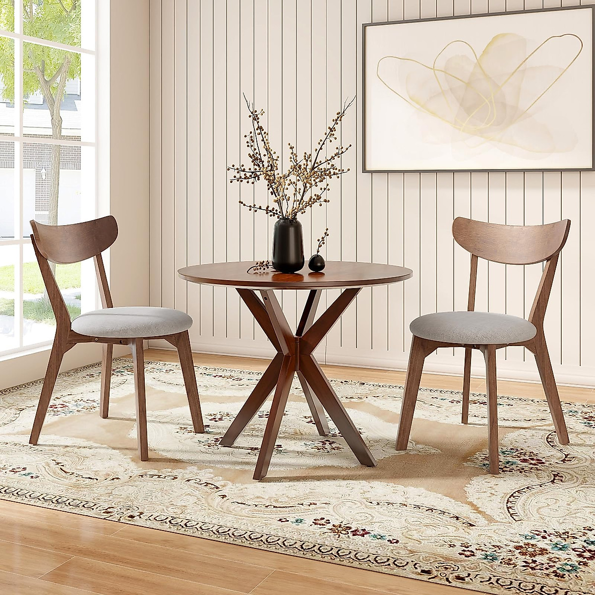 ERGOMASTER Round Dining Table for 2 to 4 Seater, Solid Wood Kitchen Table, Compact Side Table - 36 Inch Walnut Wood Tabletop - Trestle Pedestal Base - Ideal for Home, Apartment, Small Space