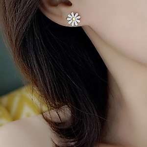 Flower Earring Stud, Mariafashion Sterling Silver Two-Tone White Daisy Flower Earrings Hypoallergenic Post Earrings for Women Girls Kids