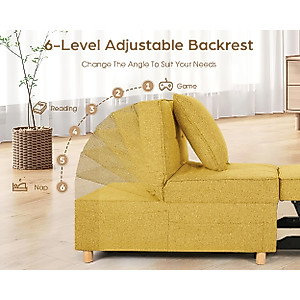 SEJOV Sleeper Sofa Chair Bed,4-in-1 Convertible Sofa Bed Chair with 6 Adjustable Backrest and Pillow, 3-Seat Pull Out Sleeper Chair Linen No Backrest for Bedroom Small Space Living Room, Yellow