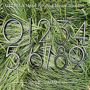 DEPHILA 5 Inches Metal House Numbers for Outside, Modern Floating House Address Numbers for Wooden Door Mailbox with Hardware Kits & Instructions, Black Rust-proof Waterproof Coating, 911 Visibility Signage