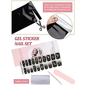 Semi Cured Gel Nail Strips, TOROKOM 20 Stickers Black Star Moon Gel Nail Polish Stickers Wraps Adhesive Gel Nail Stickers with Nail File Stick and Sealing Strip (UV/LED Lamp Required)