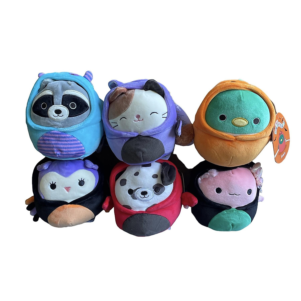 Squishmallows 5 inch Halloween Plush with Costume - Set of 6 Plush - Archie The Pink Axolotl, Holly The Purple Owl, Cam Cat, Dustin The Dalmatian, Rocky The Raccoon, Avery The Duck. KellyToy Plush